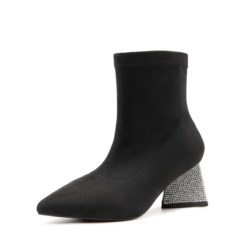 BURGUNDY Block Heel Knitted Suede Boots-DREAM PAIRS