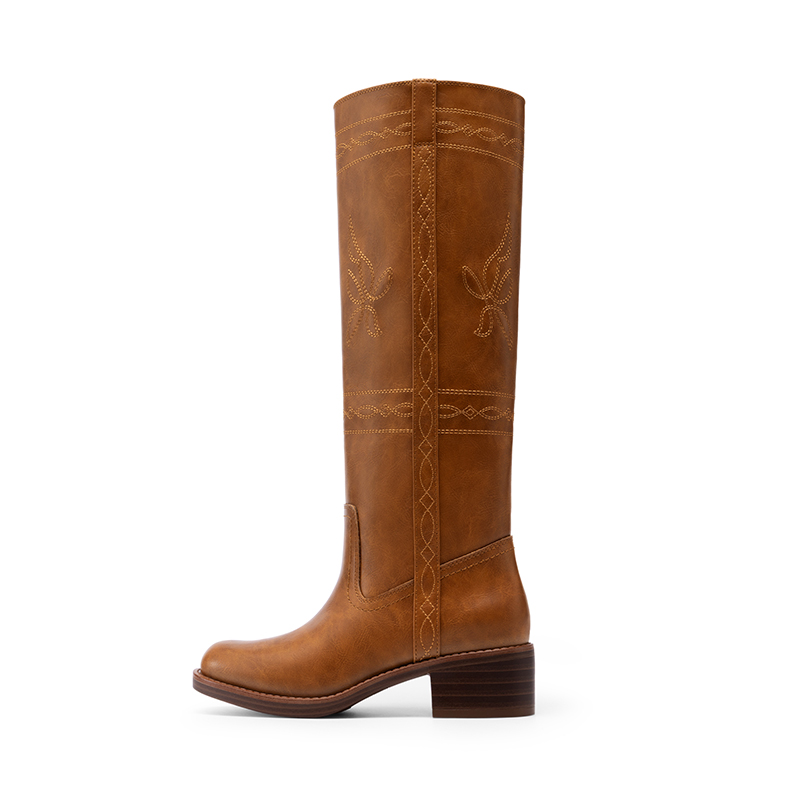 DARK BROWN Women’s Knee-High Western Boots | Square Toe Embroidered ...