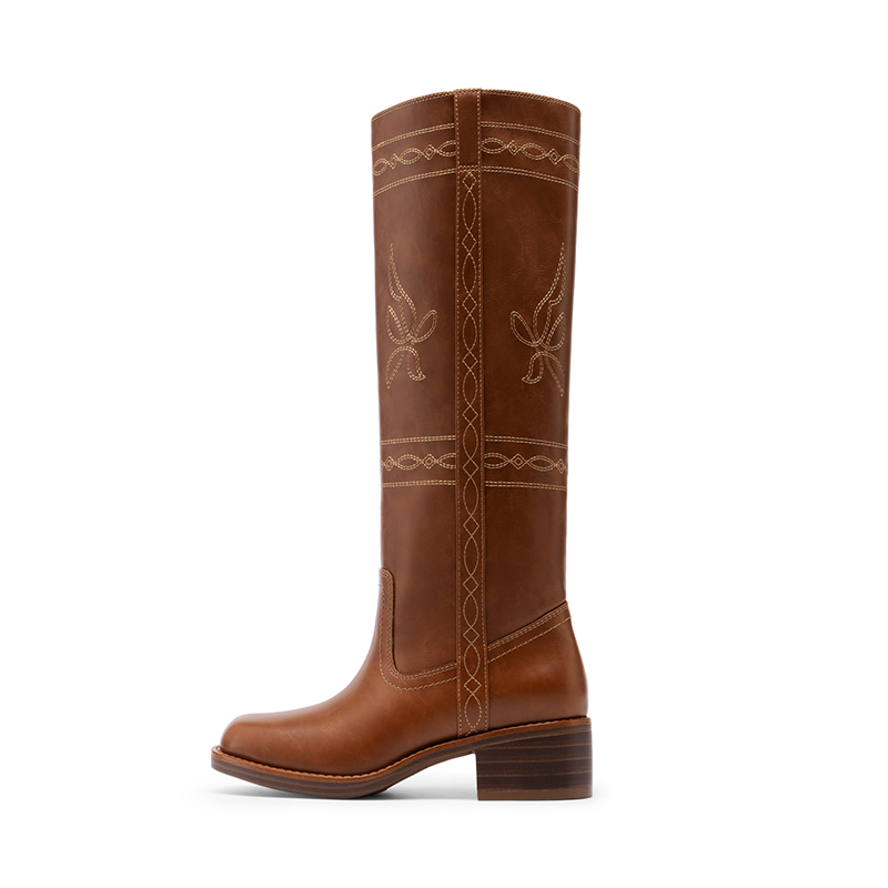 DARK BROWN Women’s Knee-High Western Boots | Square Toe Embroidered ...
