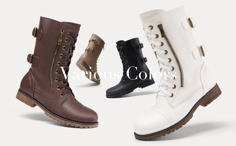 BLACK Women's Lace-up Mid Calf Combat Boots -Dream Pairs