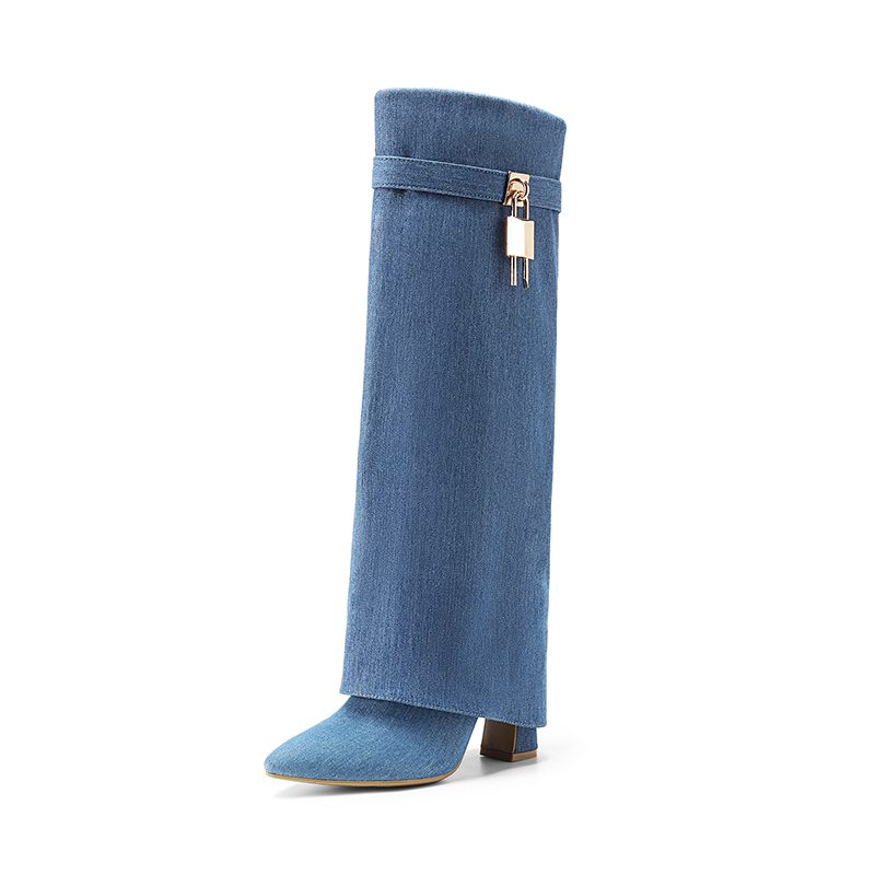 Fold-Over Padlock Denim Knee High Boots-Dream Pairs