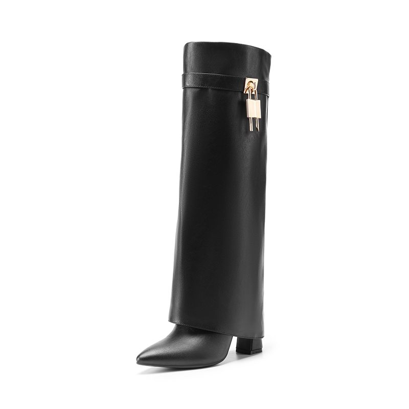 Fold-Over Padlock Denim Knee High Boots-Dream Pairs