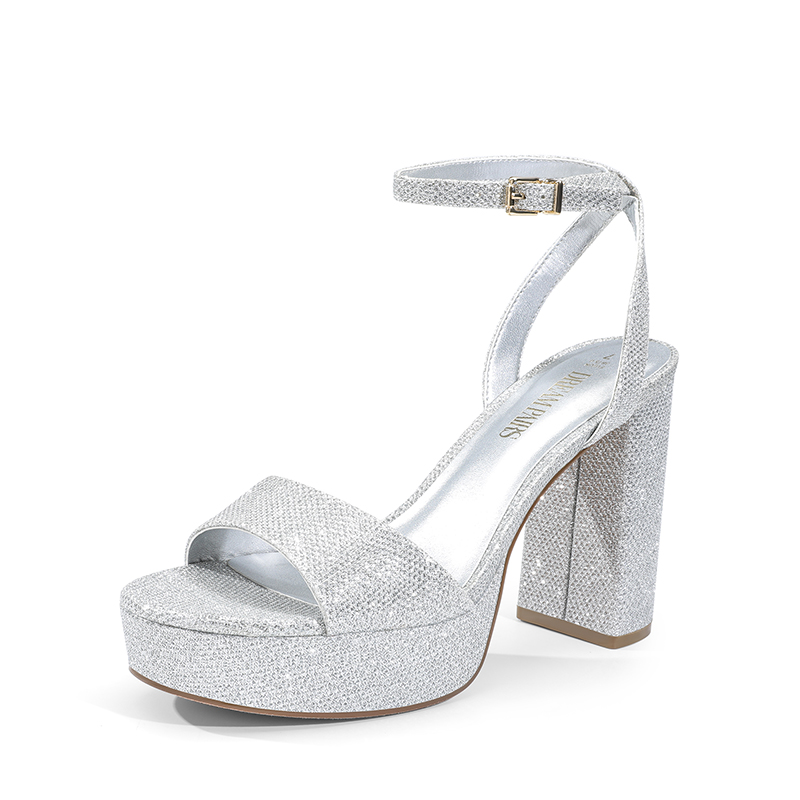SILVER GLITTER 4-Inch Ankle-Strap Platform Chunky Heel Sandals-Dream Pairs