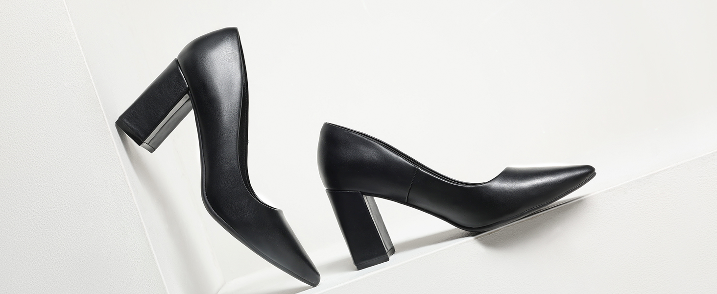 BLACK Pointed Toe High Block Heel Pumps-Dream Pairs