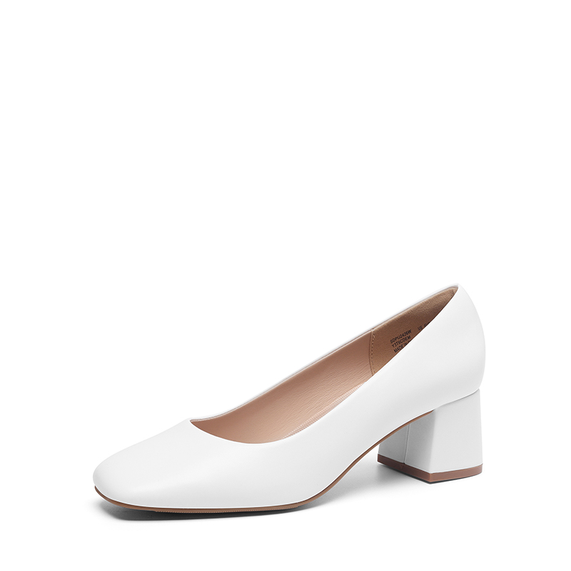 WHITE Square Toe Low Heel Pumps-Dream Pairs