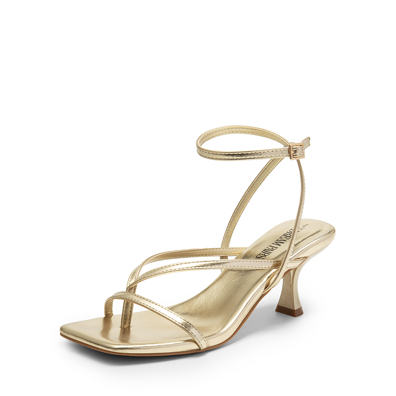 GOLD PU Women's Square-Toe Strappy Kitten Heels-Dream Pairs