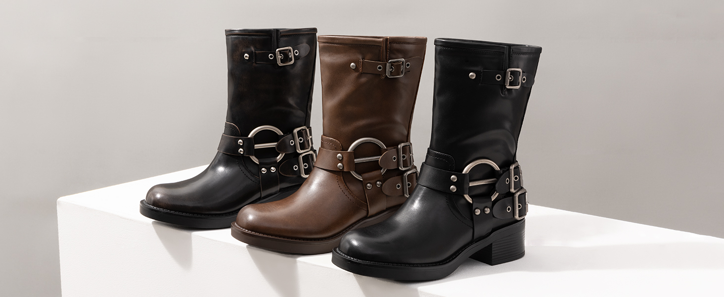 BLACK BROWN Women's Motorcycle Mid-Calf Boots-Dream Pairs