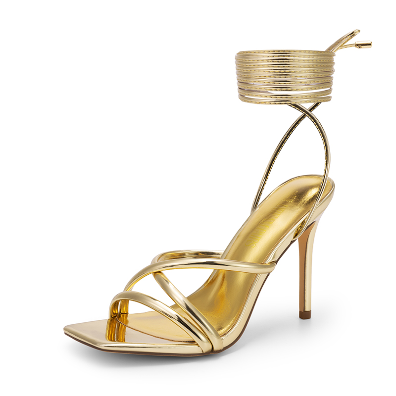 BLACK PU Square Toe Strappy Stiletto Heel Sandals-DREAM PAIRS