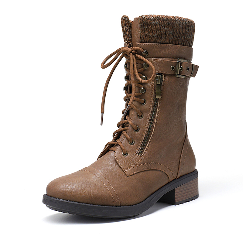 KHAKI Lace up Mid Calf Riding Boots for Women-Dream Pairs