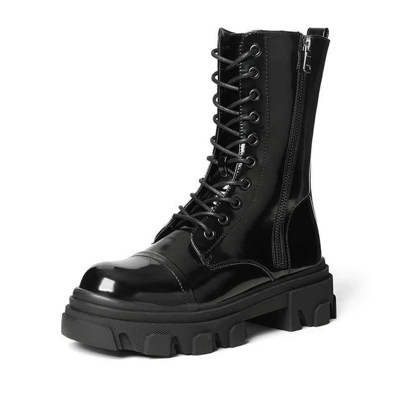 BLACK Mid Calf Combat Boots-Dream Pairs