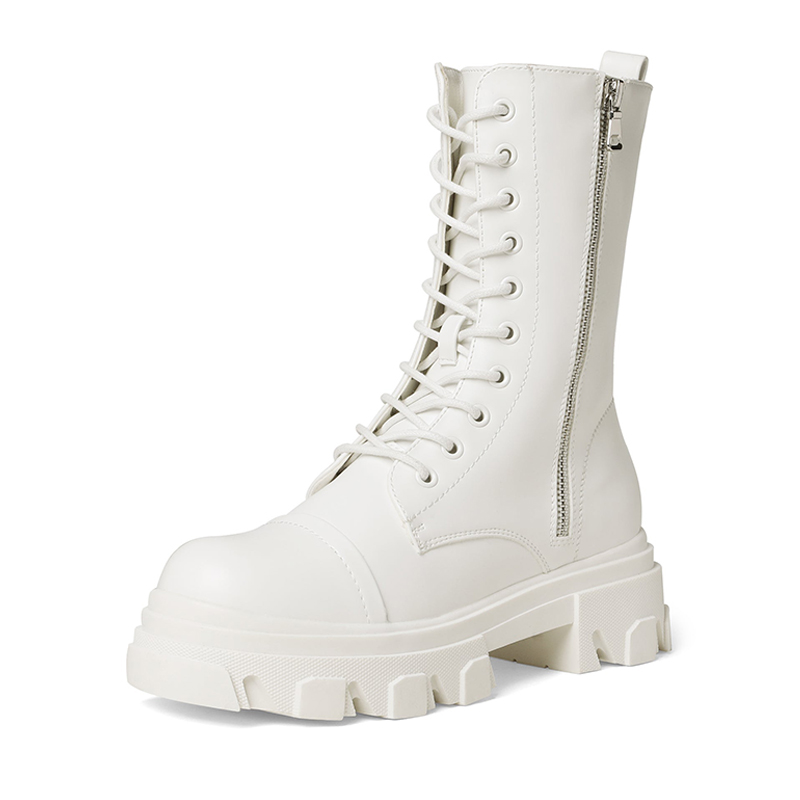 BLACK Mid Calf Combat Boots-Dream Pairs