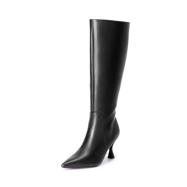 BLACK PU Pointed Toe Stiletto Knee-high Boots-DREAM PAIRS