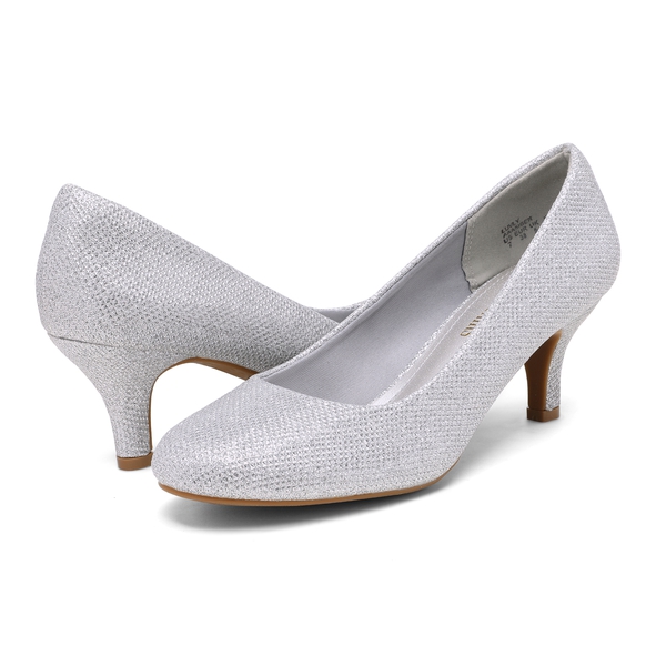 SILVER GLITTER Round Toe Low Heel Pumps-Dream Pairs
