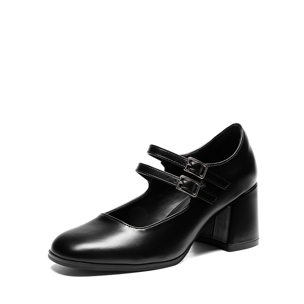 BLACK PU Double Straps Mary Janes Chunky Pumps-Dream Pairs