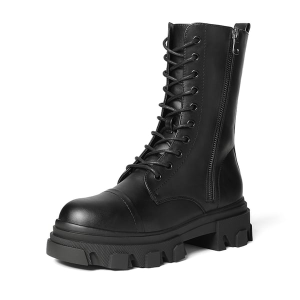 BLACK PU Mid Calf Combat Boots-Dream Pairs
